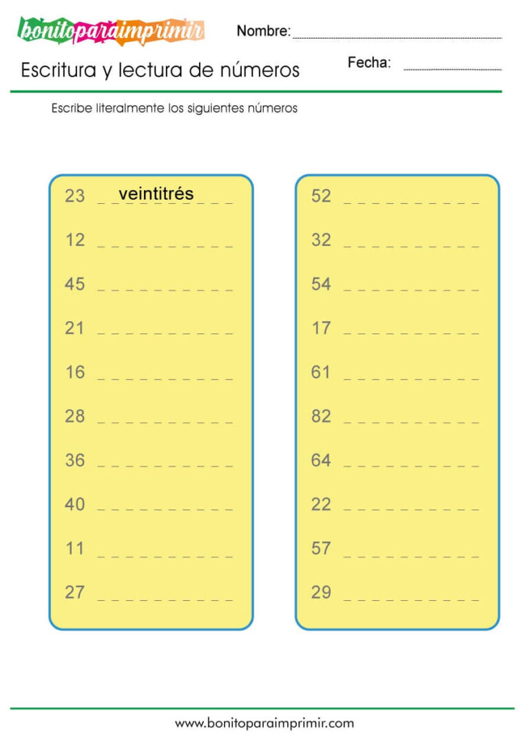 Escritura y lectura de números - BONITO PARA IMPRIMIR