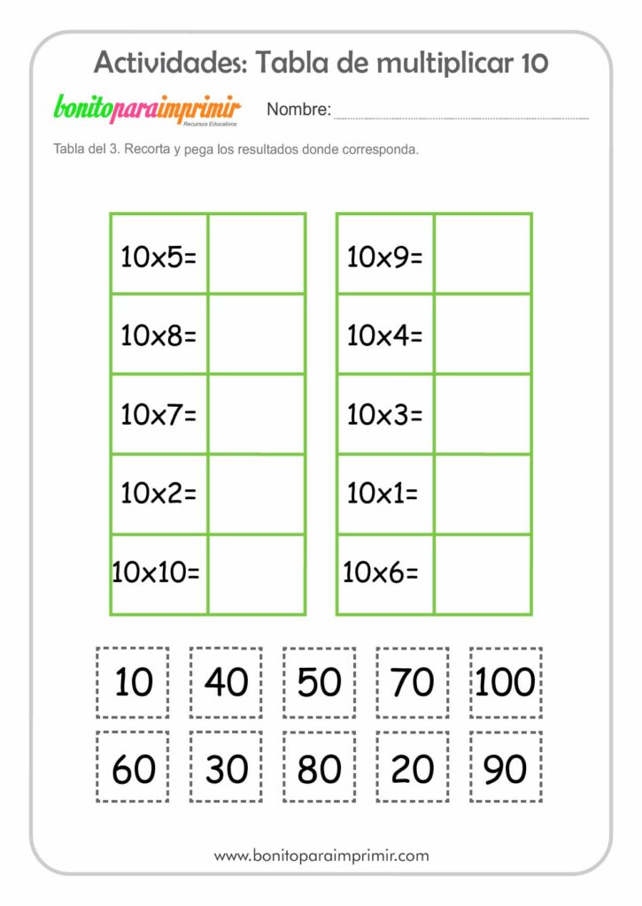 Tabla de multiplicar del 10 - BONITO PARA IMPRIMIR