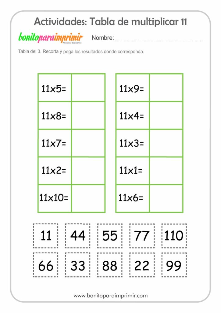 Tabla de multiplicar del 11 - BONITO PARA IMPRIMIR