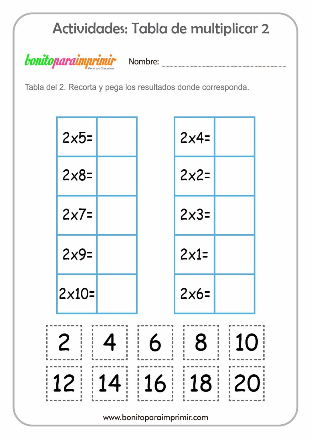 Tabla de multiplicar del 2 - BONITO PARA IMPRIMIR