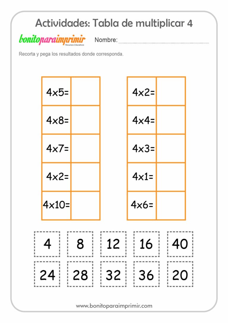 Tabla de multiplicar del 4 - BONITO PARA IMPRIMIR