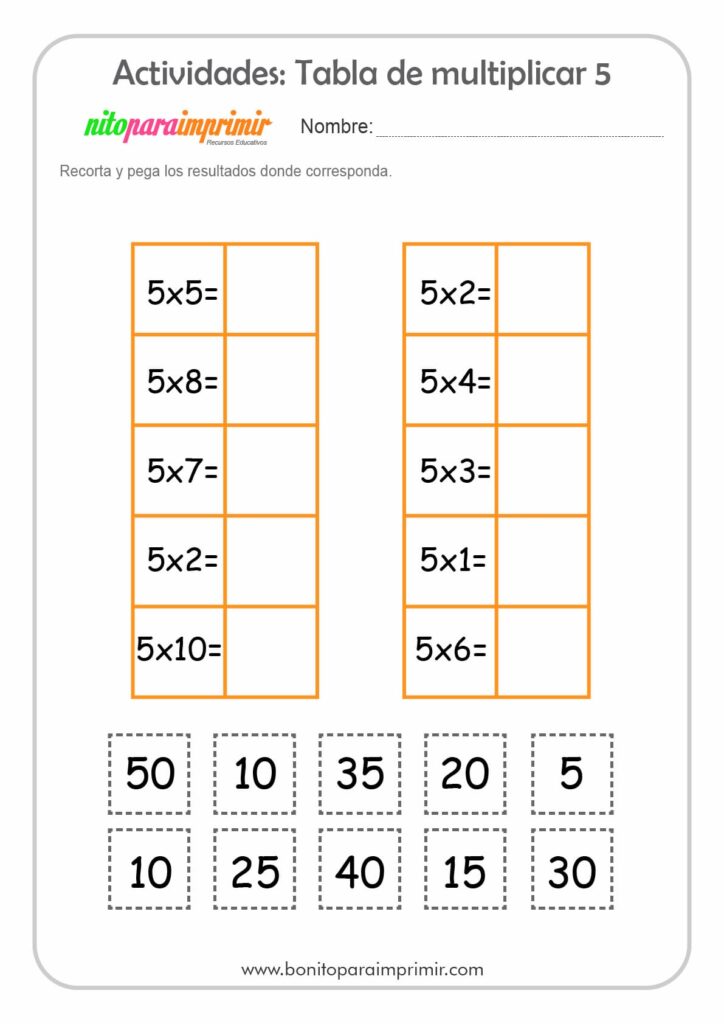 Tabla de multiplicar del 5 - BONITO PARA IMPRIMIR