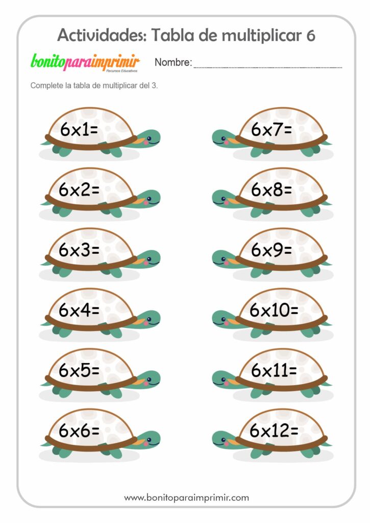 Tabla de multiplicar del 6 - BONITO PARA IMPRIMIR