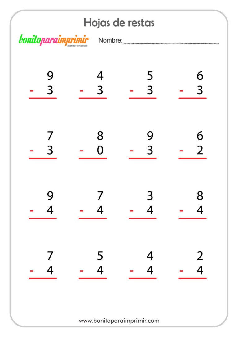 Restas de una cifra - BONITO PARA IMPRIMIR