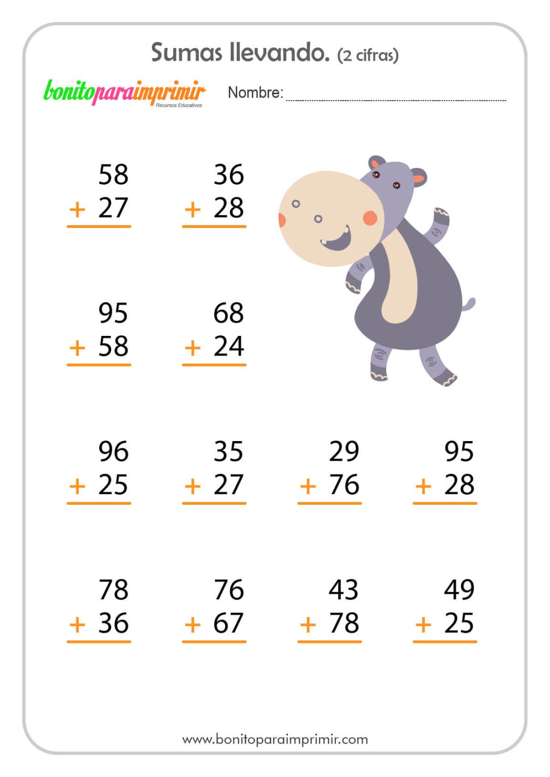 Sumas llevando🥇【una, dos y tres cifras】GRATIS PDF📒