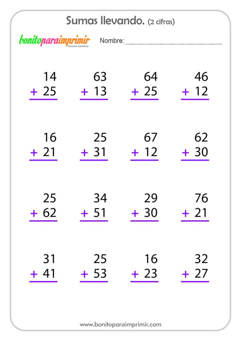 Sumas llevando🥇【una, dos y tres cifras】GRATIS PDF📒
