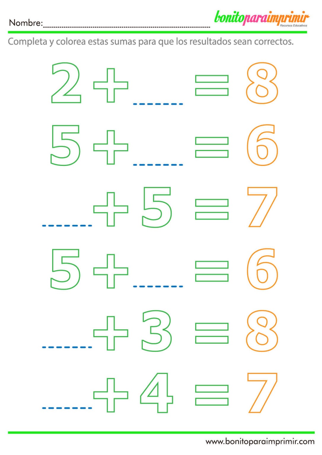 Sumas para completar - BONITO PARA IMPRIMIR