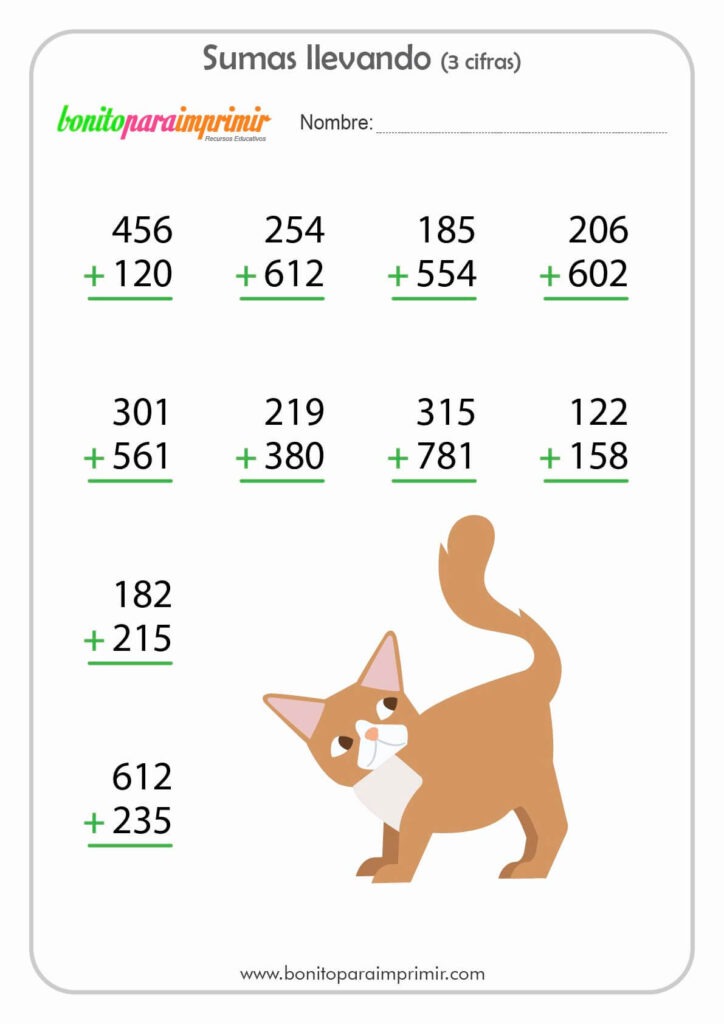 Sumas de tres cifras - BONITO PARA IMPRIMIR