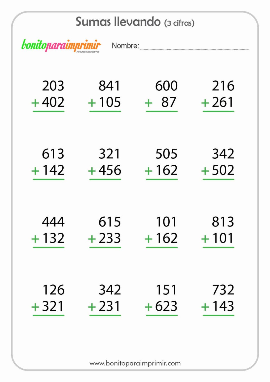 Sumas de tres cifras - BONITO PARA IMPRIMIR