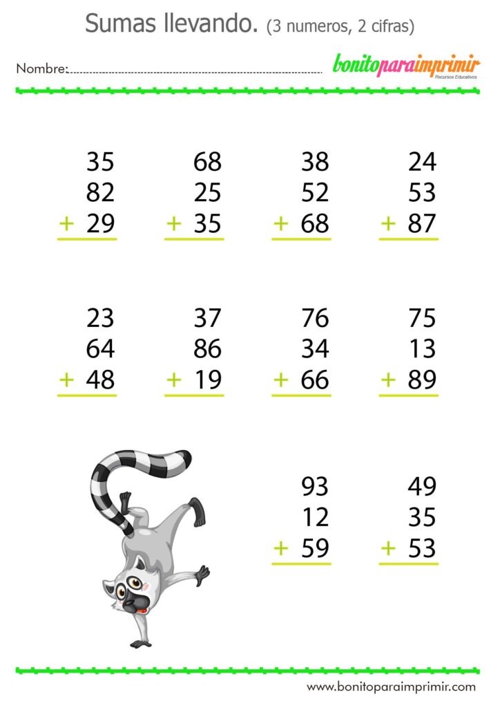 Suma de tres números de dos cifras con llevadas - BONITO PARA IMPRIMIR
