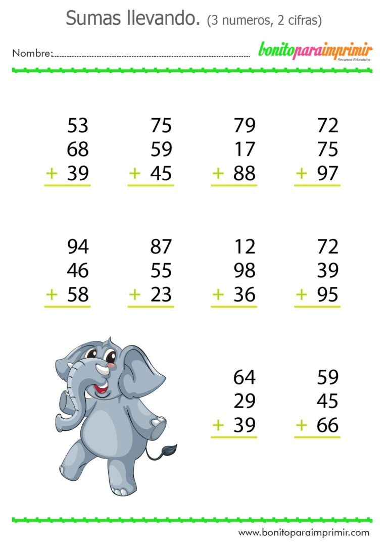 Suma de tres números de dos cifras con llevadas - BONITO PARA IMPRIMIR