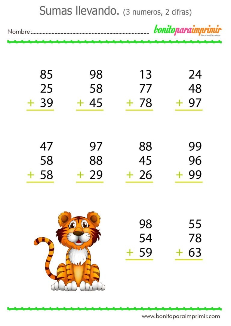 Suma de tres números de dos cifras con llevadas - BONITO PARA IMPRIMIR